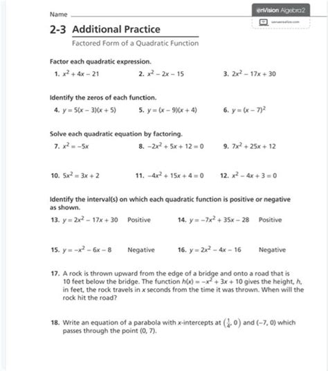Solved En Vision Algebra 2 Name 2 3 Additional Practice