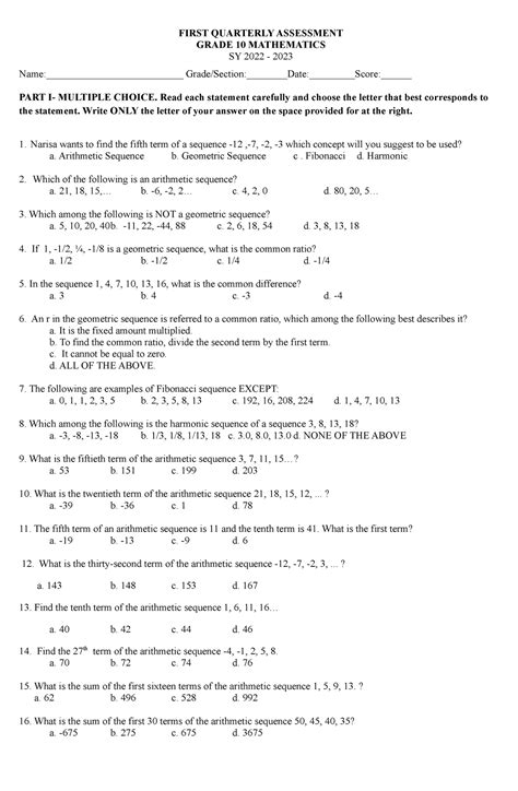 Pt Mathematics 9 Q1 V2 Pfp First Quarterly Assessment Grade 10 Mathematics Sy 2022 2023