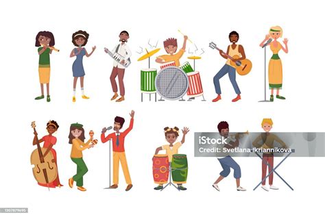 악기 세트를 연주하는 사람들 드럼 기타 색소폰 플루트 콘트라바스 아프로 미국 유럽 남자 악기를 연주 여성 뮤지션 드러머 키보드