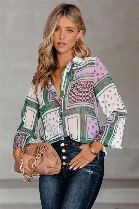 Kollin Mix Print Button Down Blouse Groovy Mimi