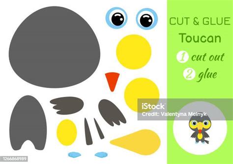 아기 두칸을 자르고 붙입니다 워크시트를 개발하는 교육 미취학 아동을위한 컬러 종이 게임 종이에 이미지와 접착제의 일부를 잘라 만화 캐릭터 다채로운 벡터 스톡 일러스트레이션