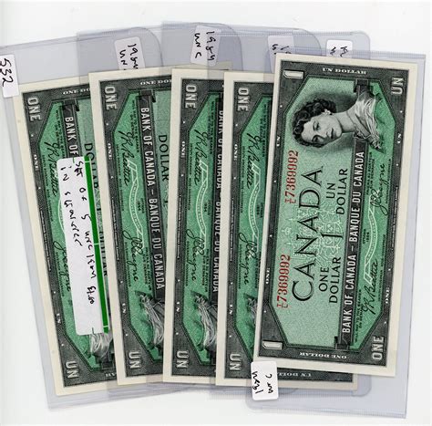 lot of five 1 dollar bills canada 1954 sequencial serial numbered schmalz auctions
