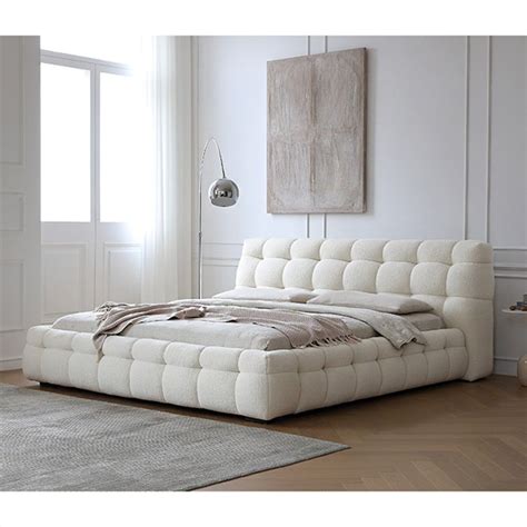 Addie White Boucle Minimalist Modern Bed Frame Queen Size Queen White