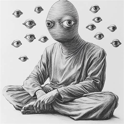 초현실주의 스타일의 흑백 연필 드로잉을 만들어 머리가 비어 있고 머리 곳곳에서 눈이 튀어나온 채로 다리를 꼬고 앉아 있는 캐릭터를 그립니다