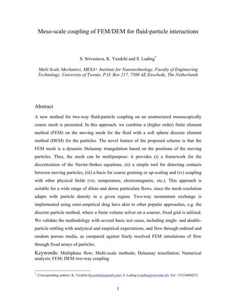Pdf Meso Scale Coupling Of Femdem For Fluid Particle Interactions
