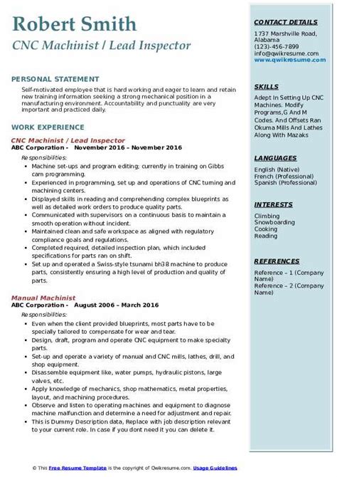 Cnc Machinist Resume Samples Qwikresume