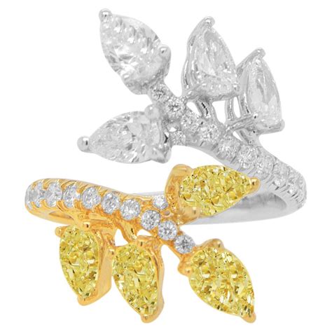 Diamond Leaf Bypass Ring Fancy Yellow And White Diamonds 264 Carats