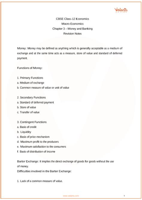 Cbse Class 12 Macro Economics Chapter 3 Money And Banking Revision Notes