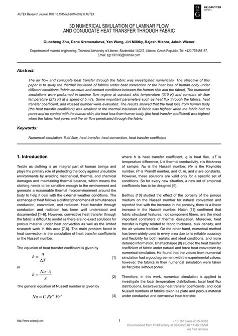 Pdf 3d Numerical Simulation Of Laminar Flow And Conjugate Heat Transfer Through Fabric
