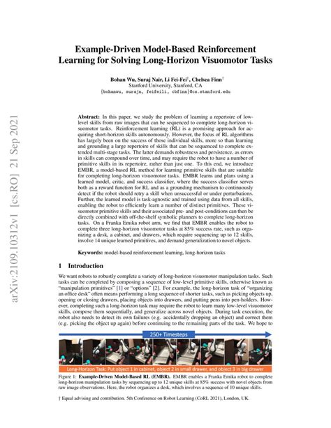 Example Driven Model Based Reinforcement Learning For Solving Long Horizon Visuomotor Tasks Deepai