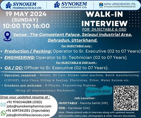 synokem walk in interview for injectable and osd qa qc engineering production and packing on 19th