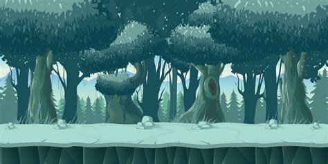 숲과 돌 2d 게임 풍경 게임 모바일 응용 프로그램 및 컴퓨터에 대 한 디자인을 위한 벡터 일러스트입니다 1024 X 512 크기입니다 시차 효과 대 한 준비 0명에 대한