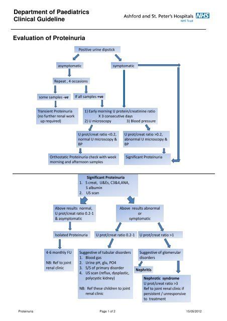 Evaluation Of Proteinuria Department Of Paediatrics Clinical Guideline