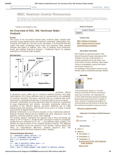 Msc Nastran Useful Resources An Overview Of Sol 106 Nonlinear Static Analysis Pdf
