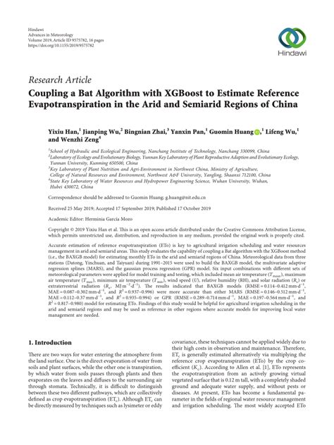 Pdf Coupling A Bat Algorithm With Xgboost To Estimate Reference Evapotranspiration In The Arid