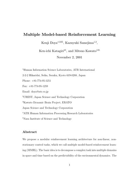 Pdf Multiple Model Based Reinforcement Learning
