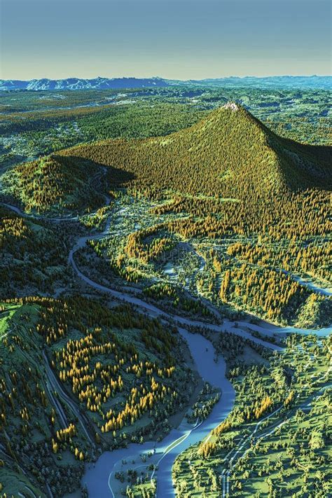 A Gis Visualization On A 3d Terrain Map With Forest And River Data