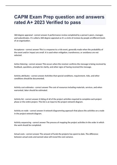 Capm Exam Prep Questions With Complete Solution 2024 Capm Stuvia Us