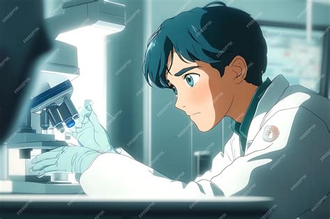 Anime Male Scientist Using A Microscope In A Laboratory Premium Ai Generated Image