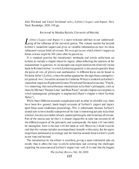 Pdf Leibnizs Legacy And Impact Ed Julia Weckend And Lloyd Strickland