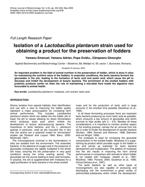 Pdf Isolation Of A Lactobacillus Plantarum Strain Used For Obtaining A Product For The