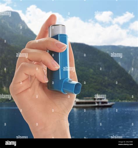 Woman With Asthma Inhaler Near Lake Closeup Emergency First Aid