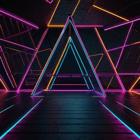 3d Render Abstract Geometric Neon Background Triangular Shape Colorful Lines Glowing In The Dark