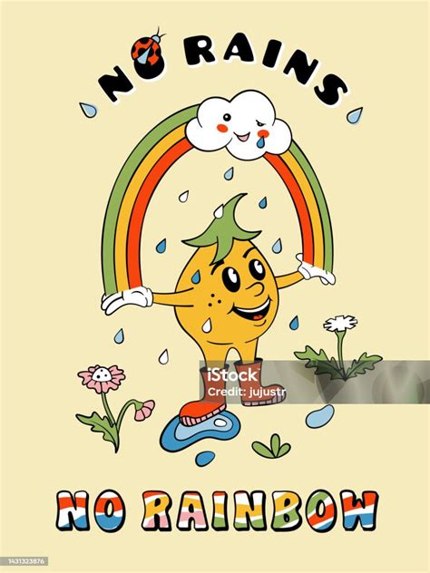 비 없음 무지개 없음 긍정적 인 인용문 행복한 양파 얼굴 만화 캐릭터는 손으로 무지개를 들고 웃는 구름 꽃 그루비 히피 레트로 70 년대 포스터 영감을 주는 문구에 대한