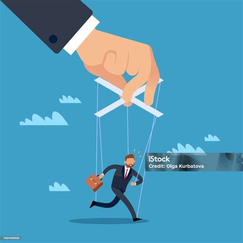 관리 비즈니스 제어 사람 조작 가죽 끈에 거대한 손 작은 사업가 밧줄에 노동자 권력 남용 지배의 상징 벡터 만화 플랫 고립 된 개념 고객에 대한 스톡 벡터 아트 및 기타
