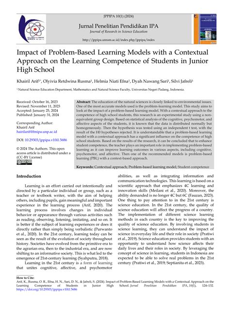 Pdf Impact Of Problem Based Learning Models With A Contextual Approach On The Learning