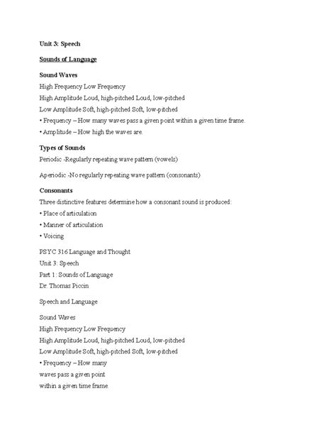 Psyc 316 Unit 3 Lecture Notes Unit 3 Professor Piccin Unit 3 Speech Sounds Of Language