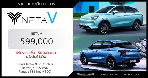 ราคาอย่างเป็นทางการ Neta V รถยนต์ไฟฟ้า 100 Bev 599 000 บาท ปรับเพิ่ม 50 000 บาท หลังเซ็น