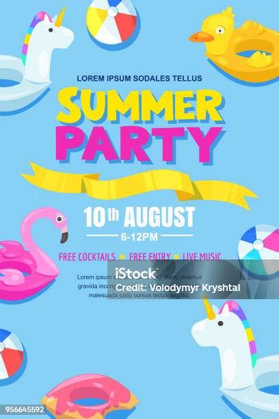 여름 수영장 파티 벡터 포스터 배너 레이아웃 유니콘 플라밍고 오리 공 물에 도넛 귀여운 수레 계절에 대한 스톡 벡터 아트 및 기타 이미지 Istock