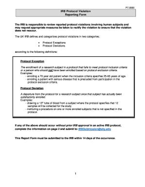 Fillable Online IRB PROTOCOL EXCEPTIONS DEVIATIONS VIOLATIONS REPORTING FORM Fax Email Print