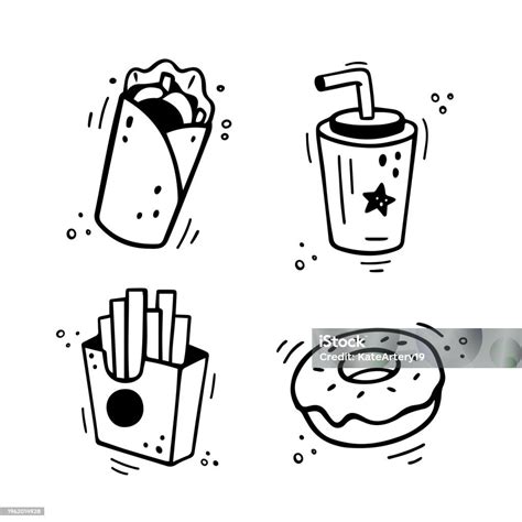 패스트 푸드 세트 Shawarma Burrito 감자 튀김 음료 도넛 만화 낙서 스케치 스타일입니다 벡터 일러스트 레이 션 도뇌르 케밥에 대한 스톡 벡터 아트 및 기타