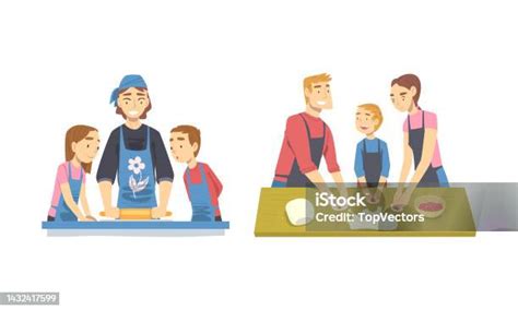 부엌에서 만두를 요리하는 가족 세트 부모와 자녀가 함께 시간을 보내는 만화 벡터 일러스트 레이 션 부엌에 대한 스톡 벡터 아트 및 기타 이미지 Istock