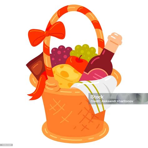 와인 치즈 초콜릿 과일이 있는 휴일 선물 밀짚 바구니 벡터 플랫 일러스트레이션 생일 식료품 선물 축제 축 하 감사 선물 패키지 빨간 활 리본 전체 제품 알코올 음료 가득