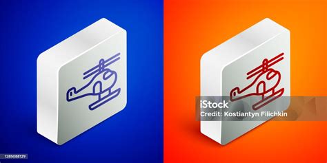 파란색과 주황색 배경에 격리 된 등색 라인 헬리콥터 항공기 차량 아이콘 실버 스퀘어 버튼 벡터 관광에 대한 스톡 벡터 아트 및