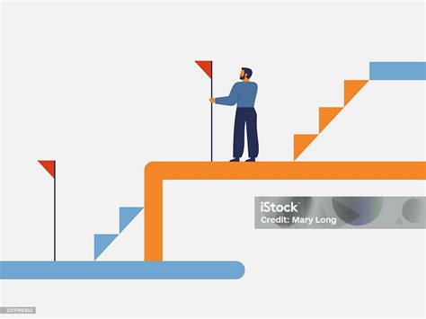 Man은 로드맵과 워크플로우 진행 상황에 대한 플래그를 설정합니다 직원은 프로젝트 완료된 작업 및 성과를 수정합니다 비즈니스 벡터 일러스트 레이 션 개념에 대한 스톡 벡터