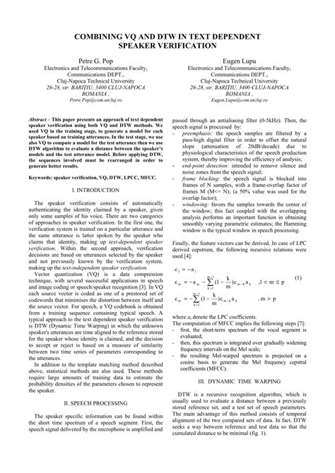 Pdf Combining Vq And Dtw In Text Dependent Speaker Verification