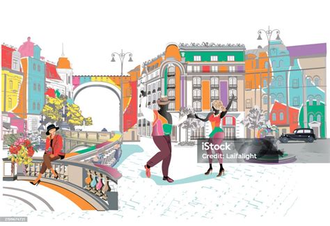 패션 사람들 남성과 여성 오래된 도시에서 춤을 추는 거리의 시리즈 열정적인 라틴 아메리카 춤에 아름 다운 낭만적 인 커플 Jazz Festival에 대한 스톡 벡터 아트 및