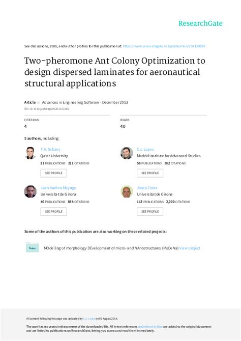 Pdf Two Pheromone Ant Colony Optimization To Design Dispersed Laminates For Aeronautical