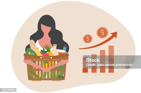 여자는 높은 그래프로 장바구니에 식료품을 구입합니다 생활비 식료품 가격의 성장 경제 인플레이션 벡터 일러스트 레이 션 가격에 대한 스톡 벡터 아트 및 기타 이미지 Istock