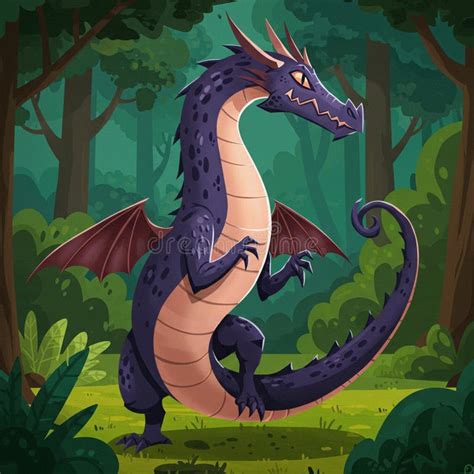 A Cartoon Dragon Stands In A Forest Setting The Dragon Features A