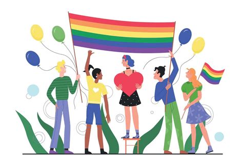Lgbt Pride Parade Concept Flat Cartoon Happy Young Group Of Gay