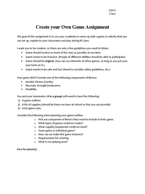 Create Your Own Game Assignment Name Class Pdf Physical Fitness
