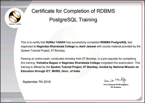 Suraj Yadav On Linkedin Certificate For Completion Of Rdbms Postgresql Training