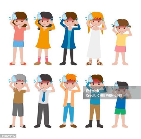 10 종류의 남녀와 어린이 발열이나 감기 또는 독감 얼음 조각을 사용하여 식히기 만화 캐릭터 벡터 세트 각얼음에 대한 스톡 벡터 아트 및 기타 이미지 Istock
