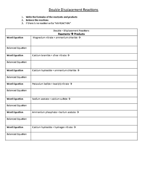 8 Double Displacement Worksheet Double Displacement Reac Ons 1 Write The Formulas Of The 8 Double Displacement Worksheet Double Displacement Reac Ons 1 Write The Formulas Of The