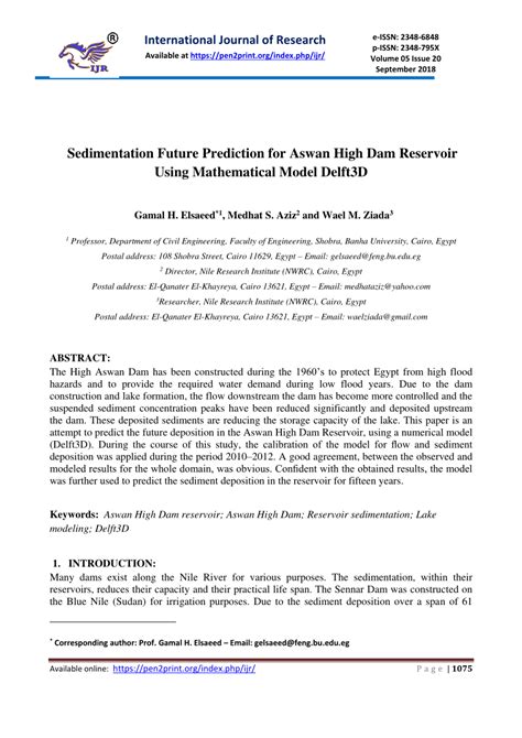 Pdf International Journal Of Research Sedimentation Future Prediction For Aswan High Dam
